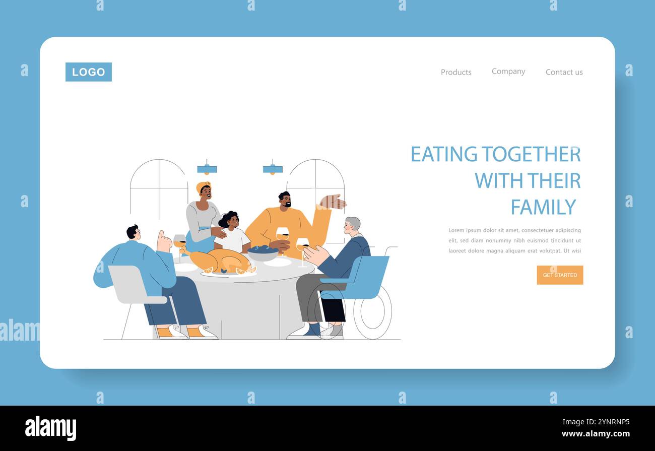 Family Dinner concept. An illustration of a diverse family enjoying a meal together around a ...