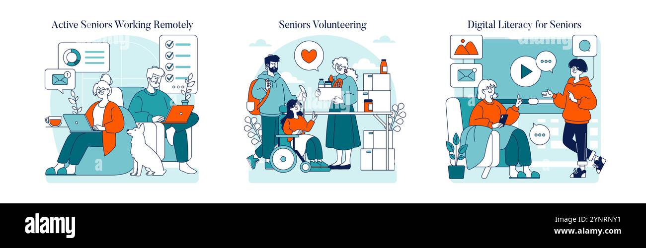 Retirement lifestyle set. Seniors engaging in remote work, volunteer activities, and digital ...