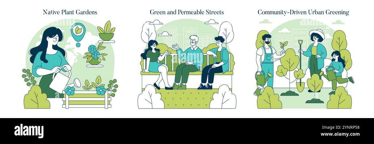 Green Infrastructure set. Urban gardening, eco-friendly city planning ...