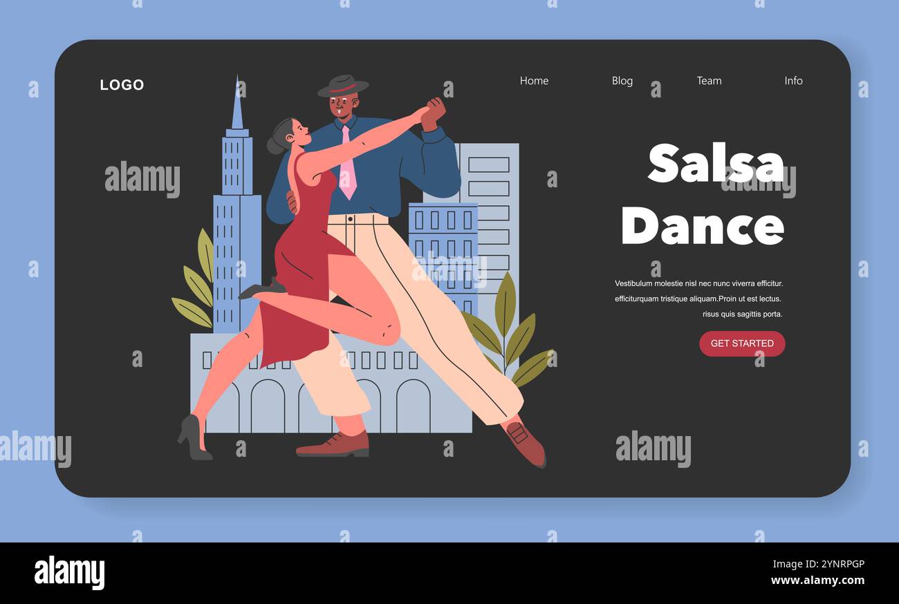 Salsa Dance concept. An energetic couple performs salsa against a cityscape background ...