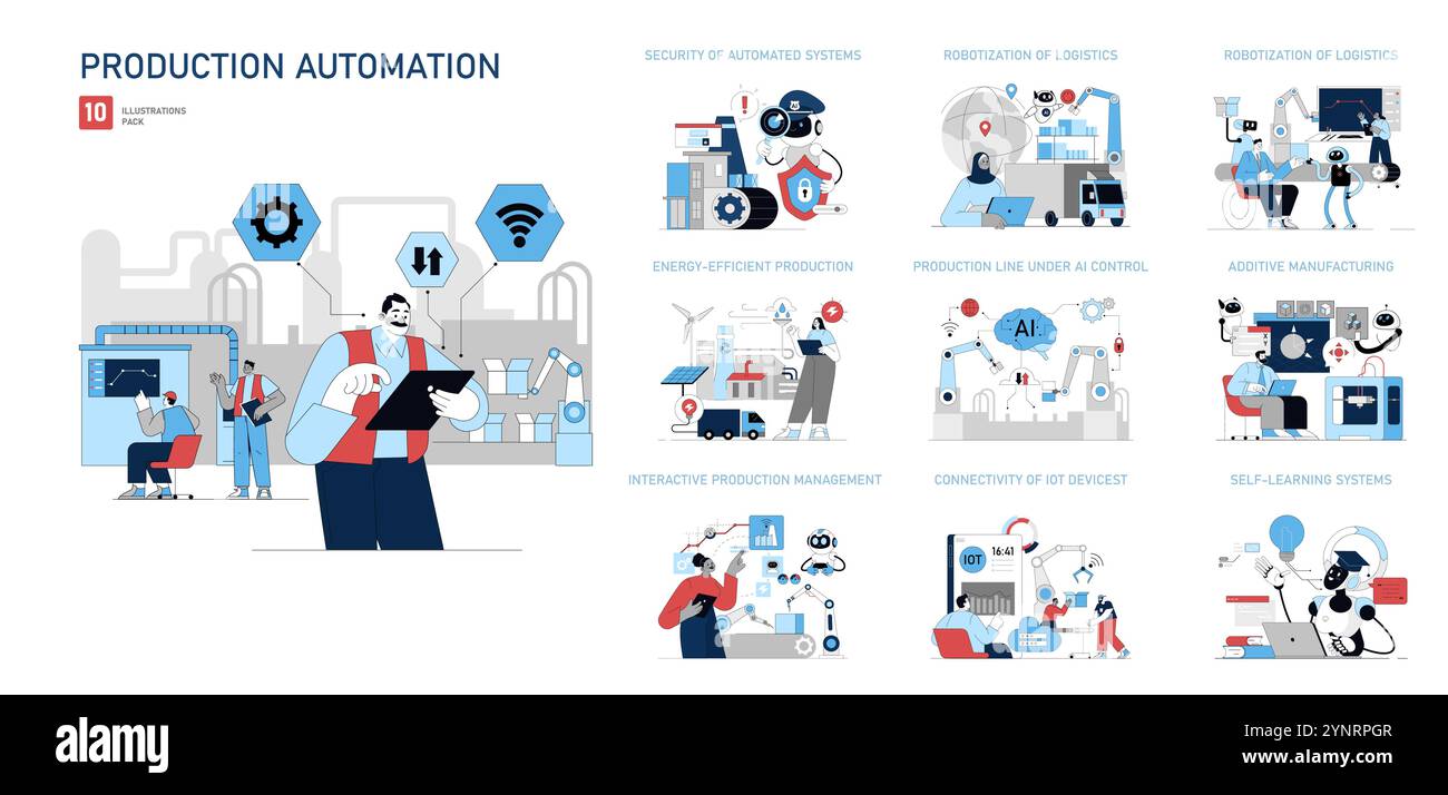 Production Automation set. Modern industry processes enhanced by ...