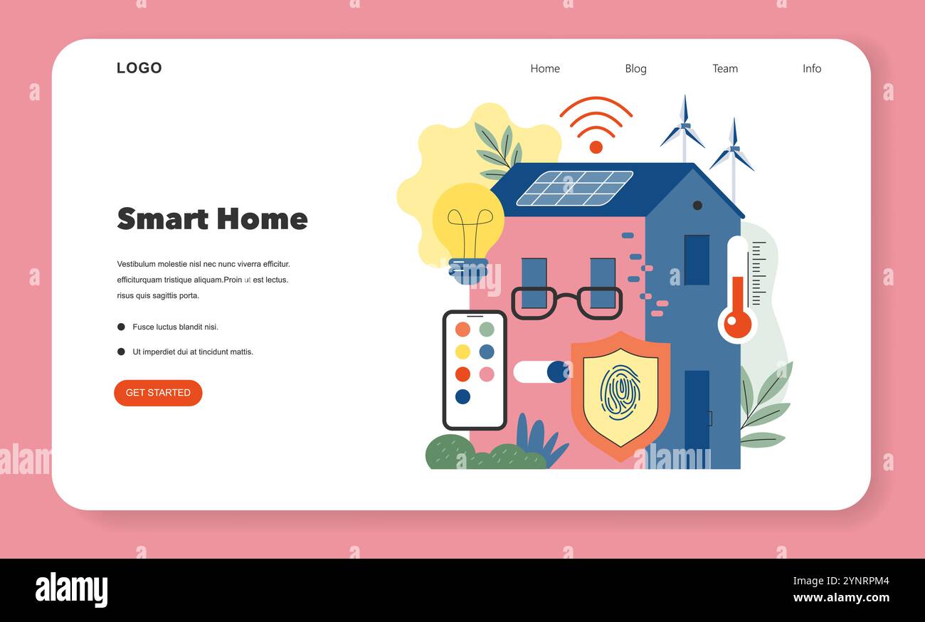 Smart Home concept. A website interface showcasing automated house with renewable energy sources ...