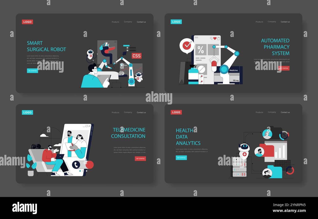 Healthcare automation set. Digital advancements in surgery, pharmacy ...