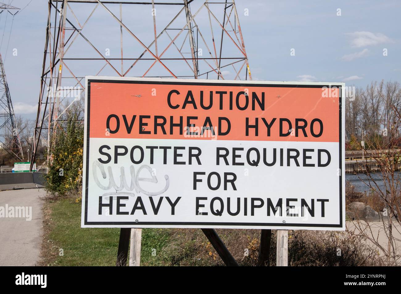 Caution overhead hydro sign at Hamilton Beach Park in Hamilton, Ontario ...