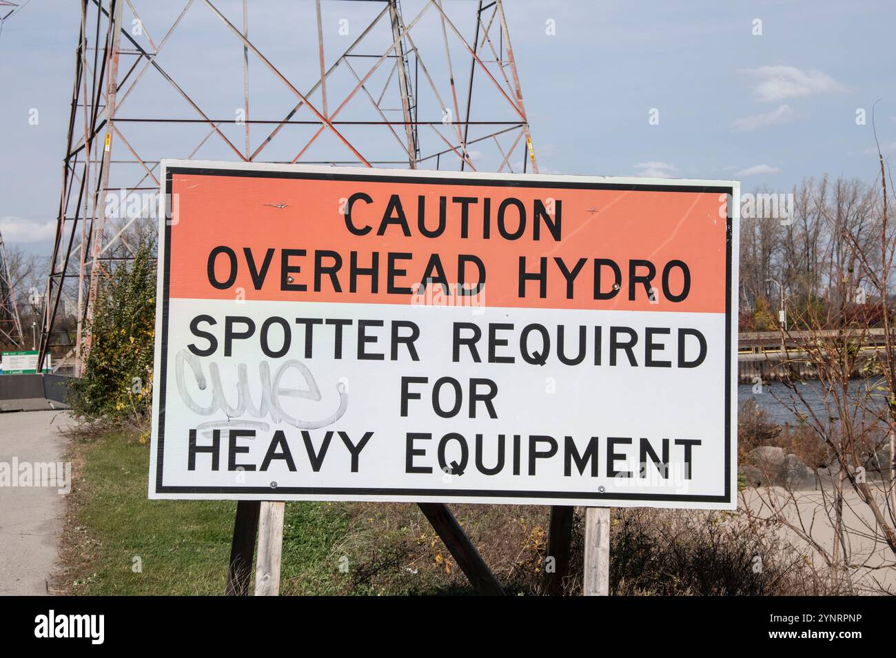 Caution overhead hydro sign at Hamilton Beach Park in Hamilton, Ontario ...