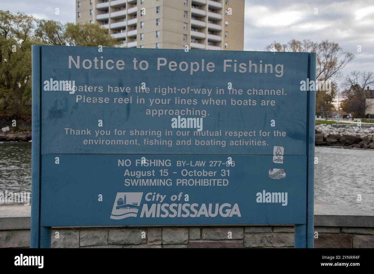 Notice to people fishing sign at JJ Plaus Park in Port Credit ...