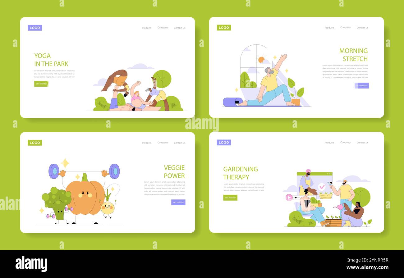 Healthy Lifestyle set. Outdoor yoga, home stretching routine ...