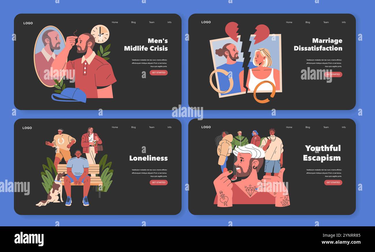 Midlife Crisis set. Men facing personal and relationship challenges ...