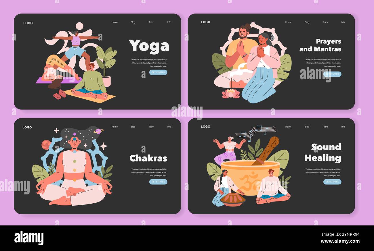 Spiritual Practices set. Yoga positions, mantra recitation, chakra ...