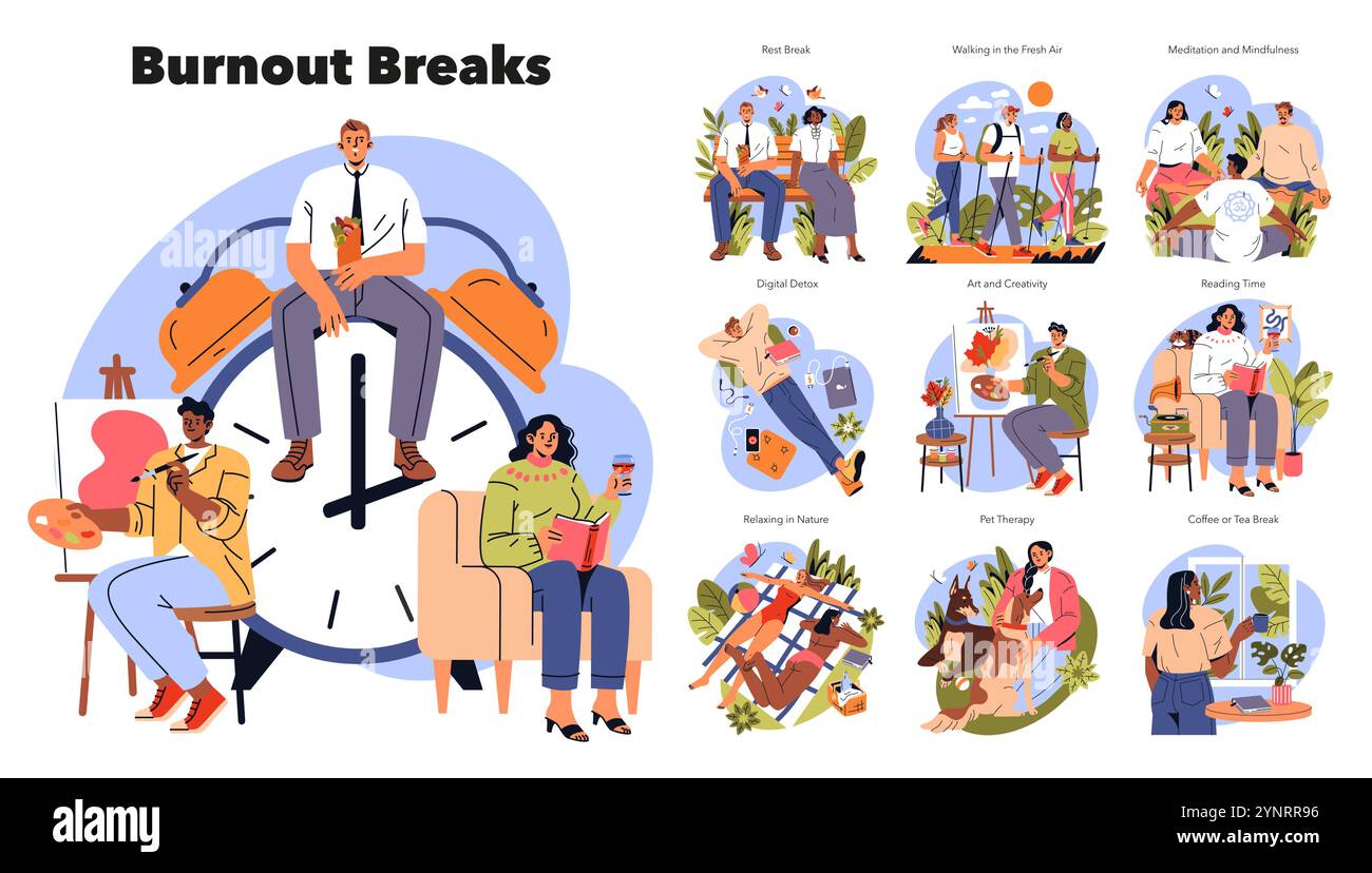 Burnout Breaks set. Different methods of relaxation portrayed through ...