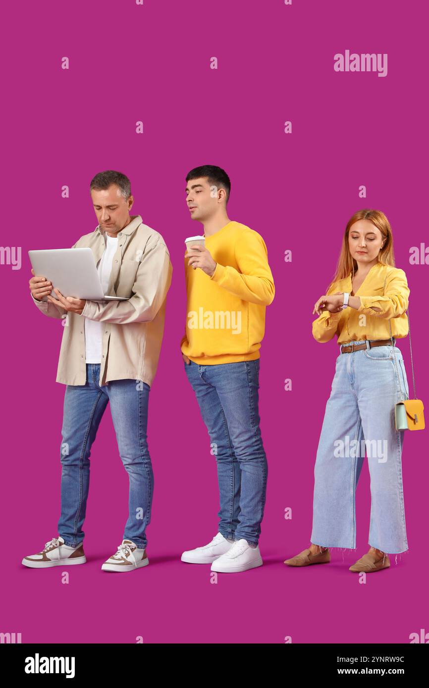 People waiting in line on purple background Stock Photo - Alamy