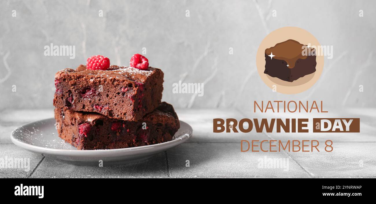Greeting banner for National Brownie Day with tasty dessert on grey ...