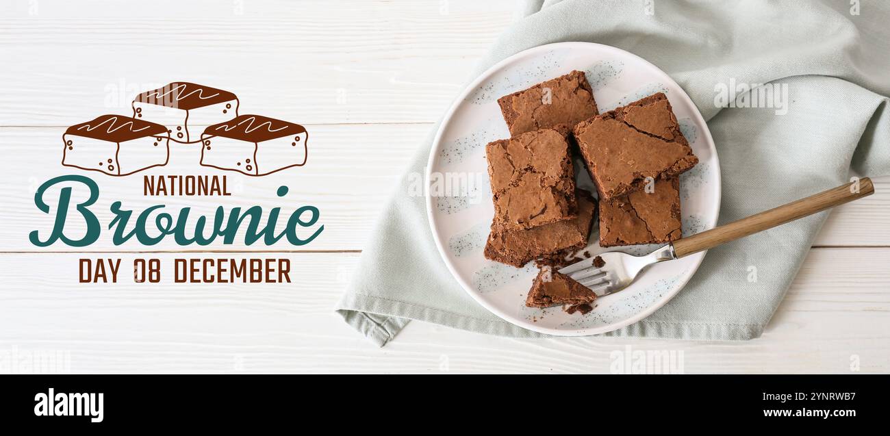 Greeting banner for National Brownie Day with tasty dessert on white ...