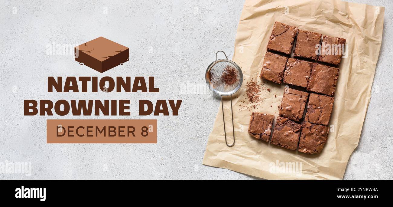 Greeting banner for National Brownie Day with tasty dessert on light ...