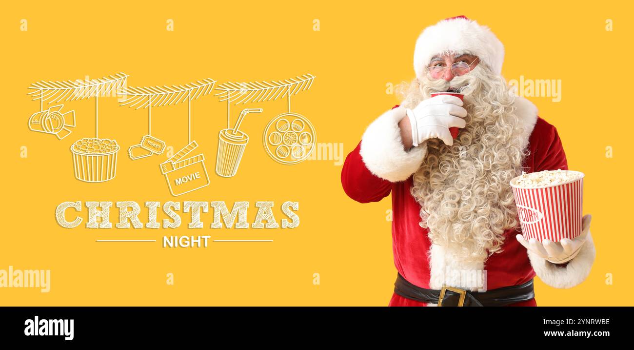 Santa Claus with cola and tasty popcorn on yellow background. Christmas ...
