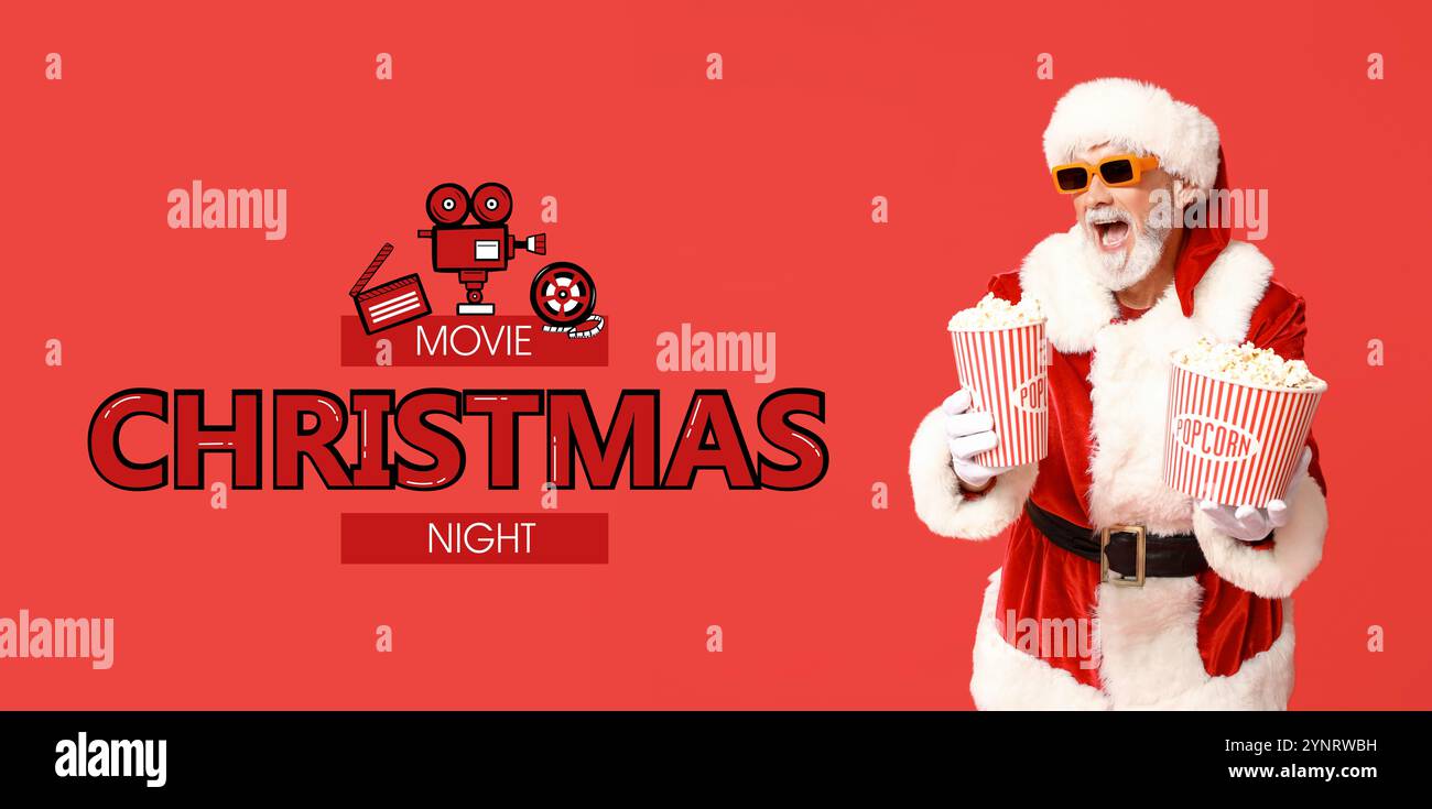 Santa Claus with 3D glasses and buckets of tasty popcorn on red ...