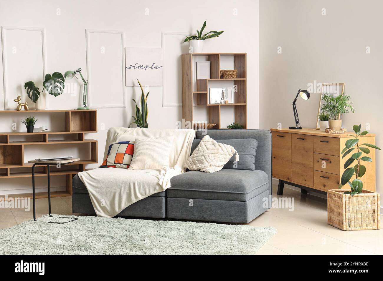 Interior of living room with sofa, drawers and shelf units Stock Photo ...