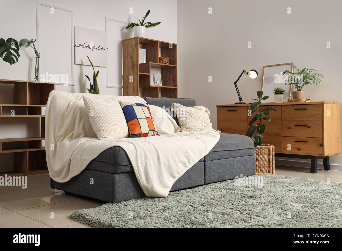 Interior of living room with sofa, drawers and shelf units Stock Photo ...