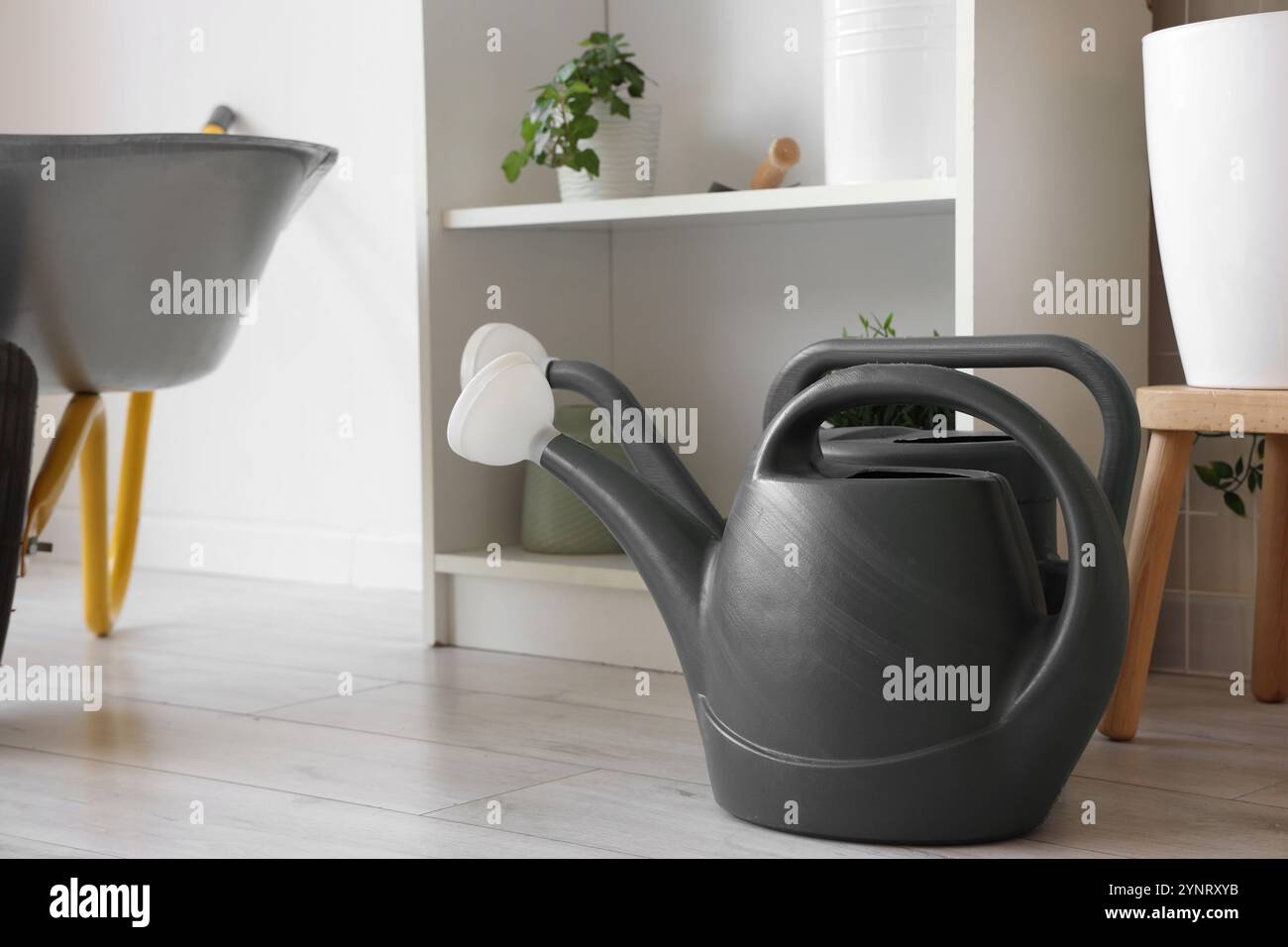 Watering cans, wheelbarrow and plants indoors Stock Photo - Alamy