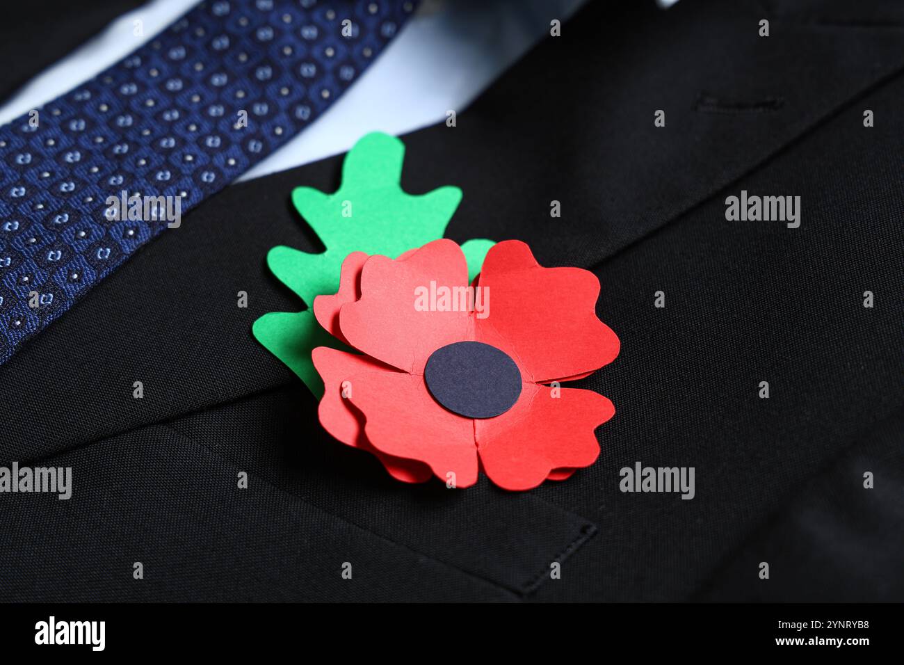 Paper poppy flower pinned on male clothes, closeup. Remembrance Day ...