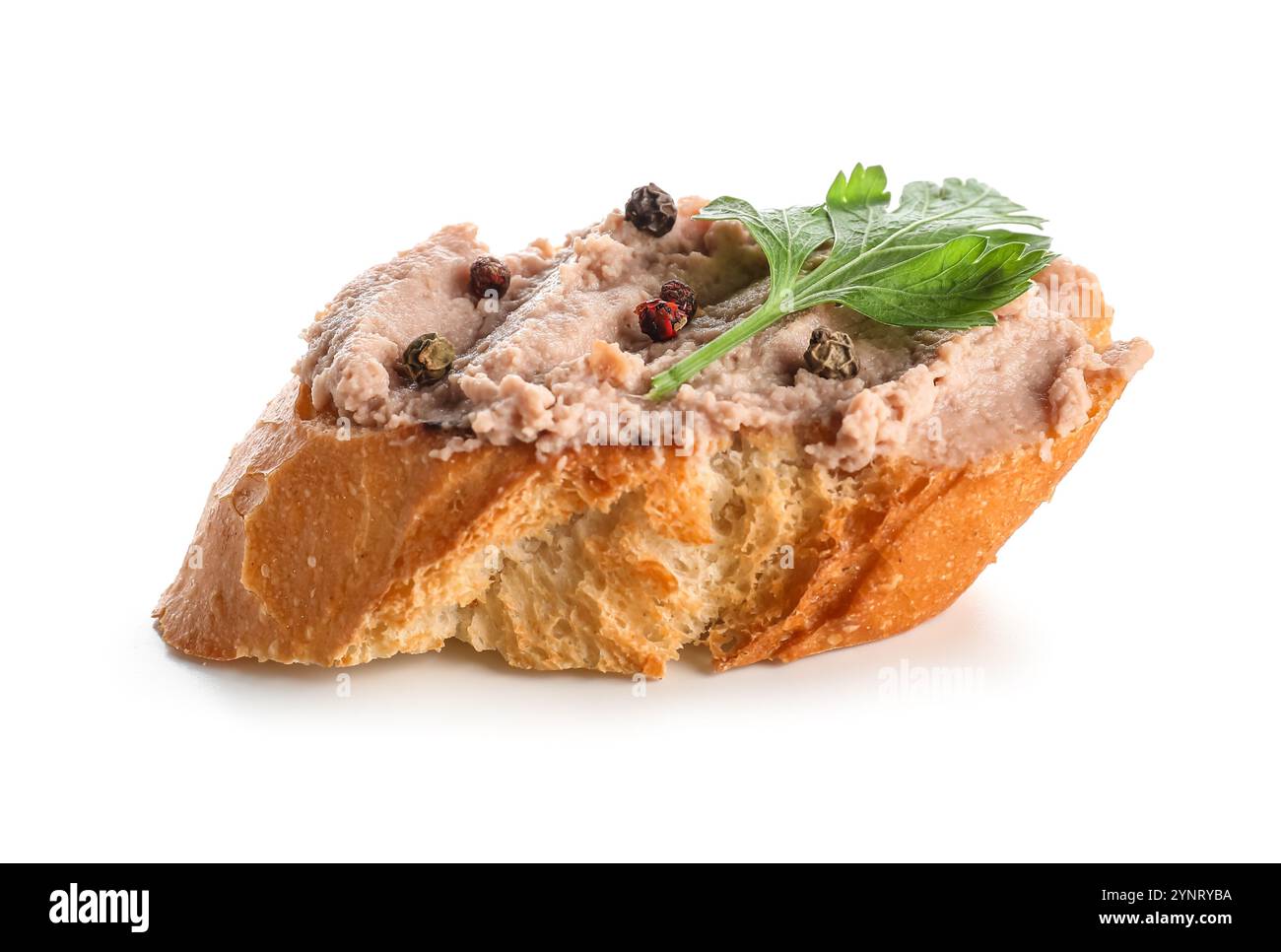 Toast with tasty pate, parsley and peppercorns on white background ...