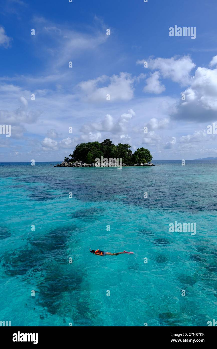 Indonesia Anambas Islands - Female snorkeller in coral reef vertical ...