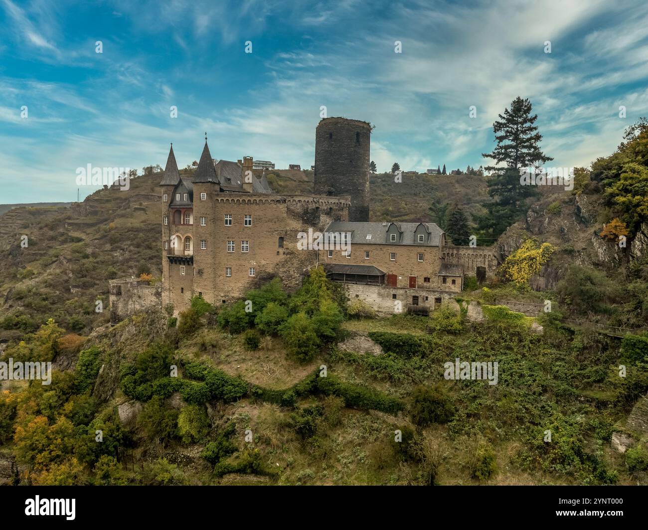 Aerial view of Burg Katz (Cat castle) above the German town of Sankt ...