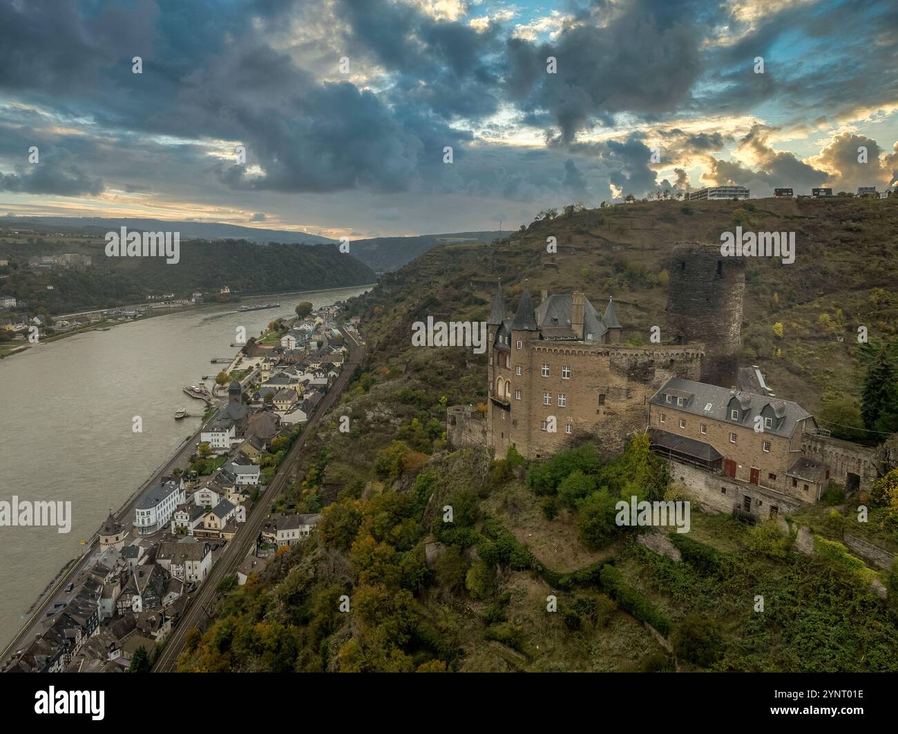 Aerial view of Burg Katz (Cat castle) above the German town of Sankt ...