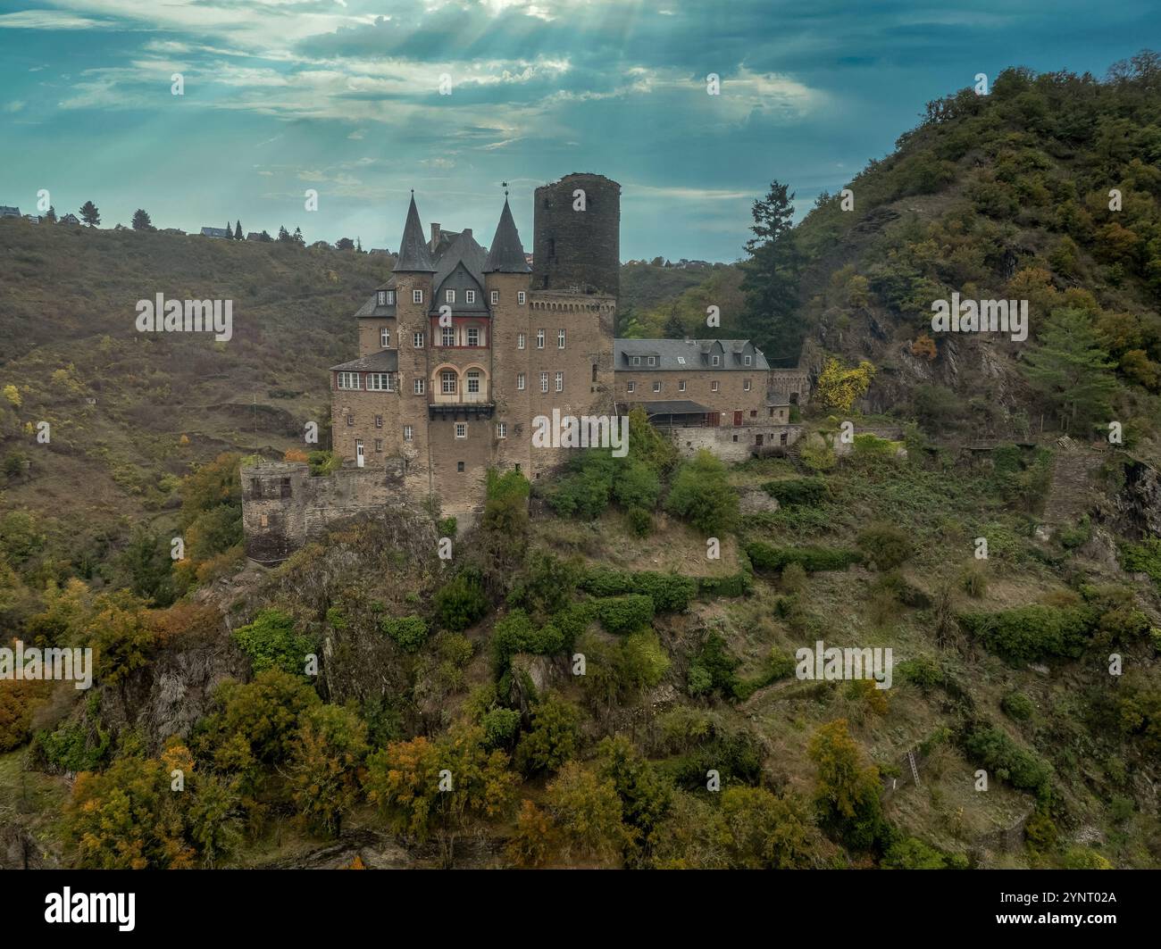 Aerial view of Burg Katz (Cat castle) above the German town of Sankt ...