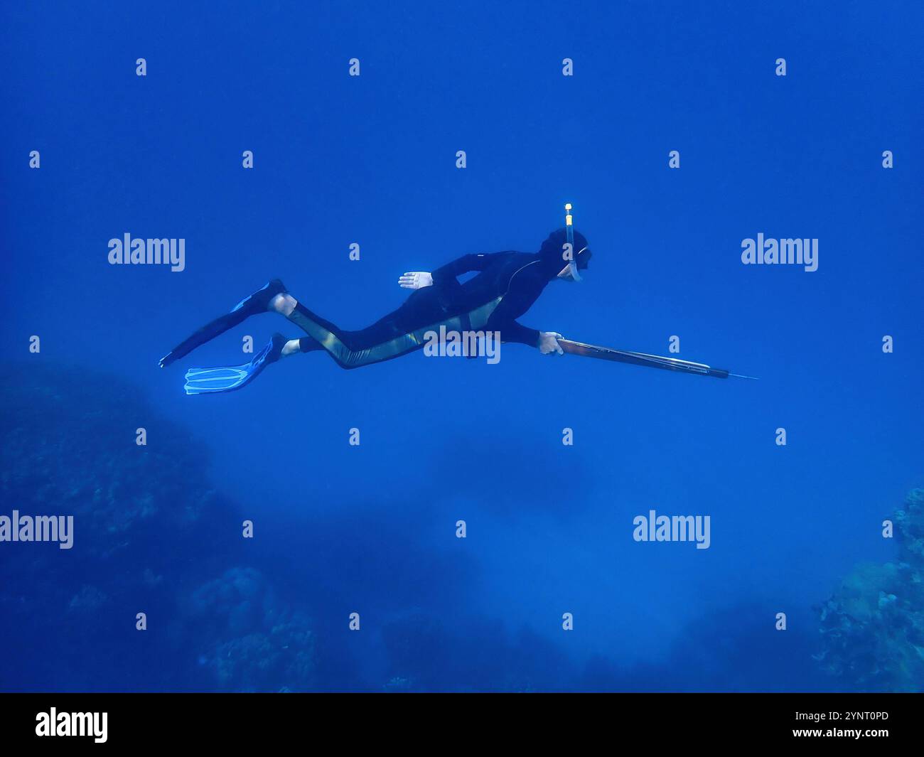 Indonesia Anambas Islands - Spearfishermen in the coral reef Stock ...