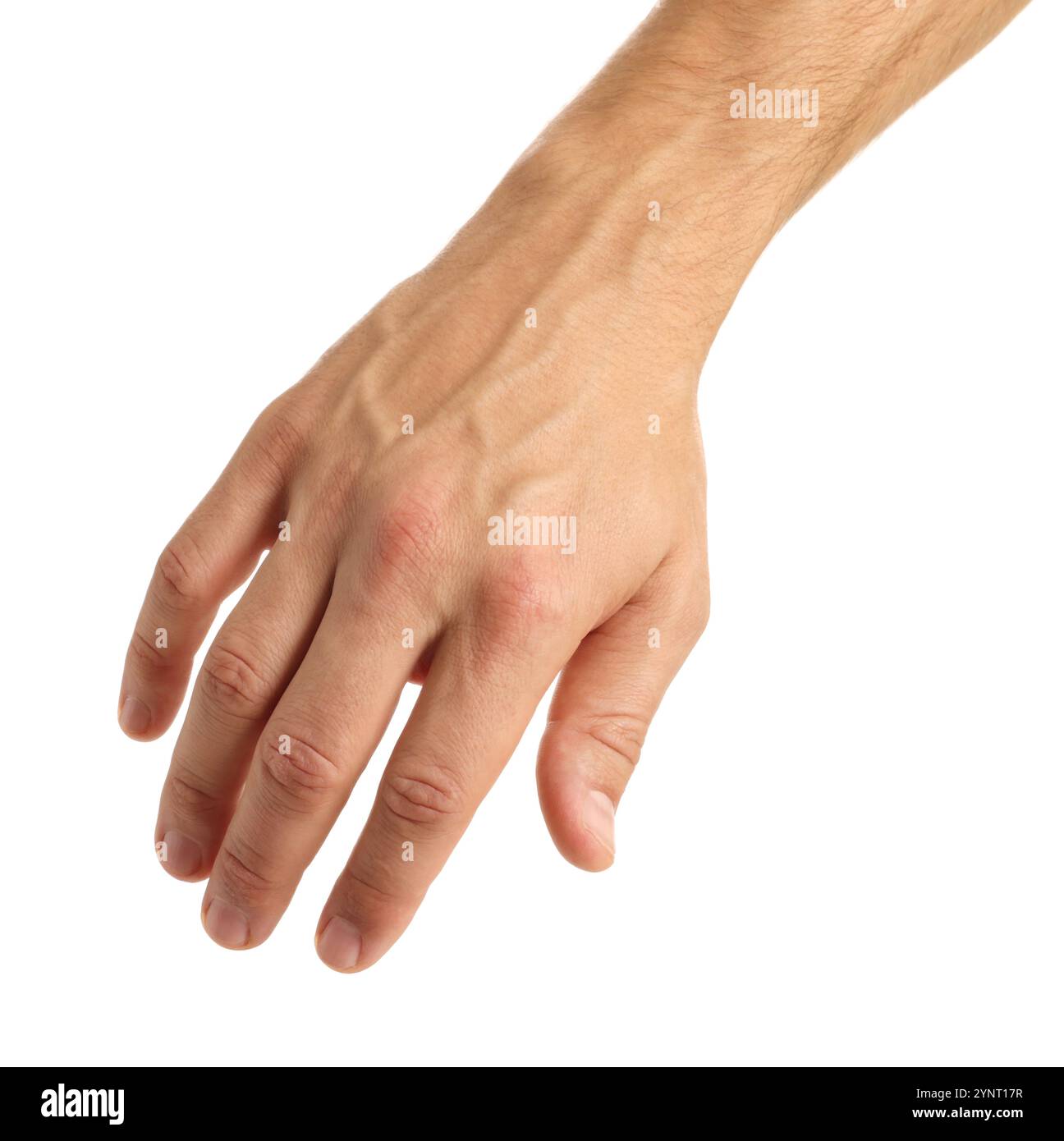 Man with bulging veins on his arm against white background, closeup ...