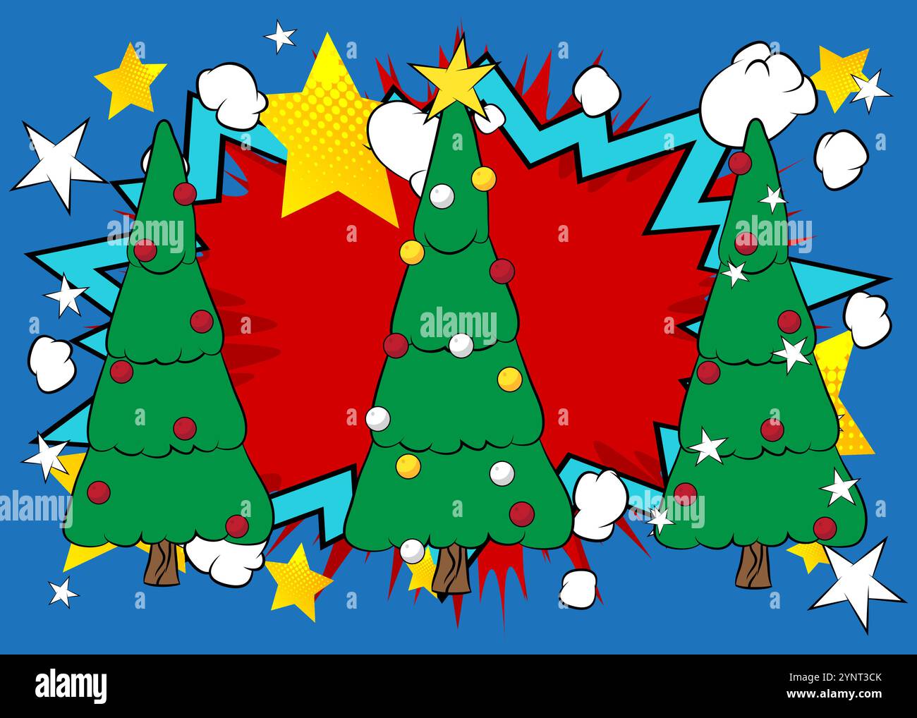 Cartoon Christmas decorated pine tree, comic book Holiday Retro vector ...