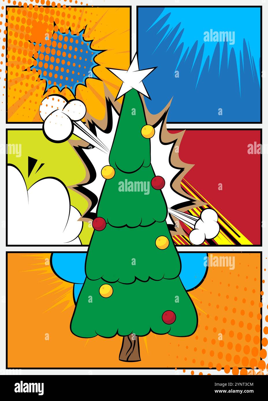 Cartoon Christmas decorated pine tree, comic book Holiday Retro vector ...