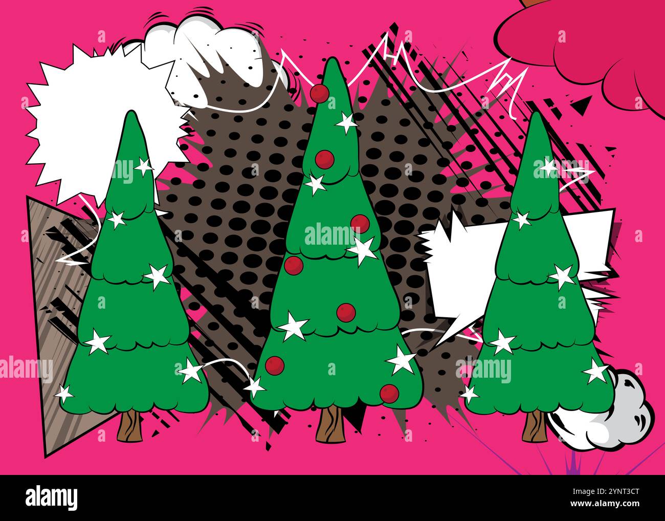 Cartoon Christmas decorated pine tree, comic book Holiday Retro vector ...