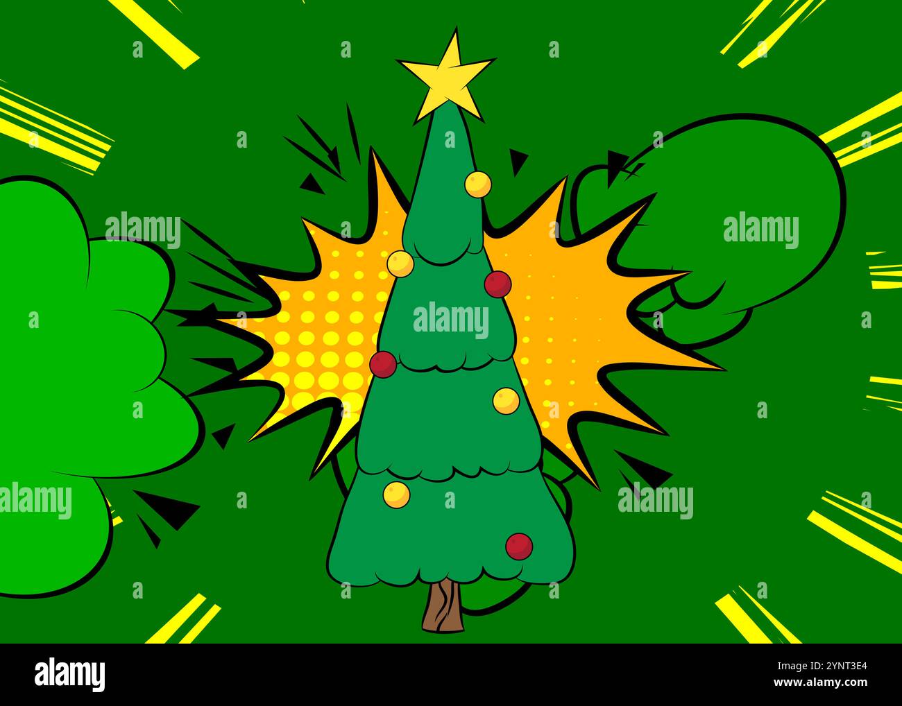 Cartoon Christmas decorated pine tree, comic book Holiday Retro vector ...