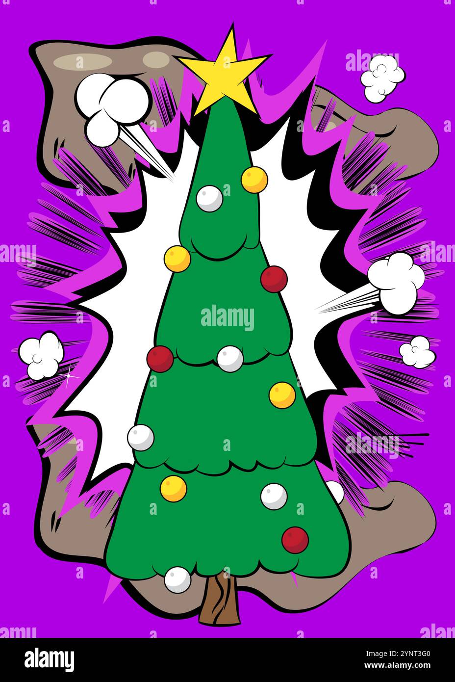 Cartoon Christmas decorated pine tree, comic book Holiday Retro vector comics pop art design ...
