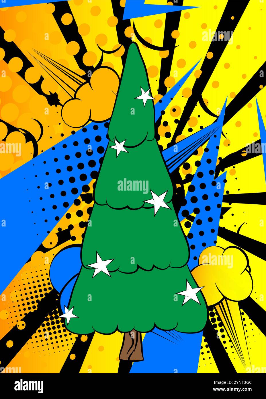Cartoon Christmas decorated pine tree, comic book Holiday Retro vector comics pop art design ...