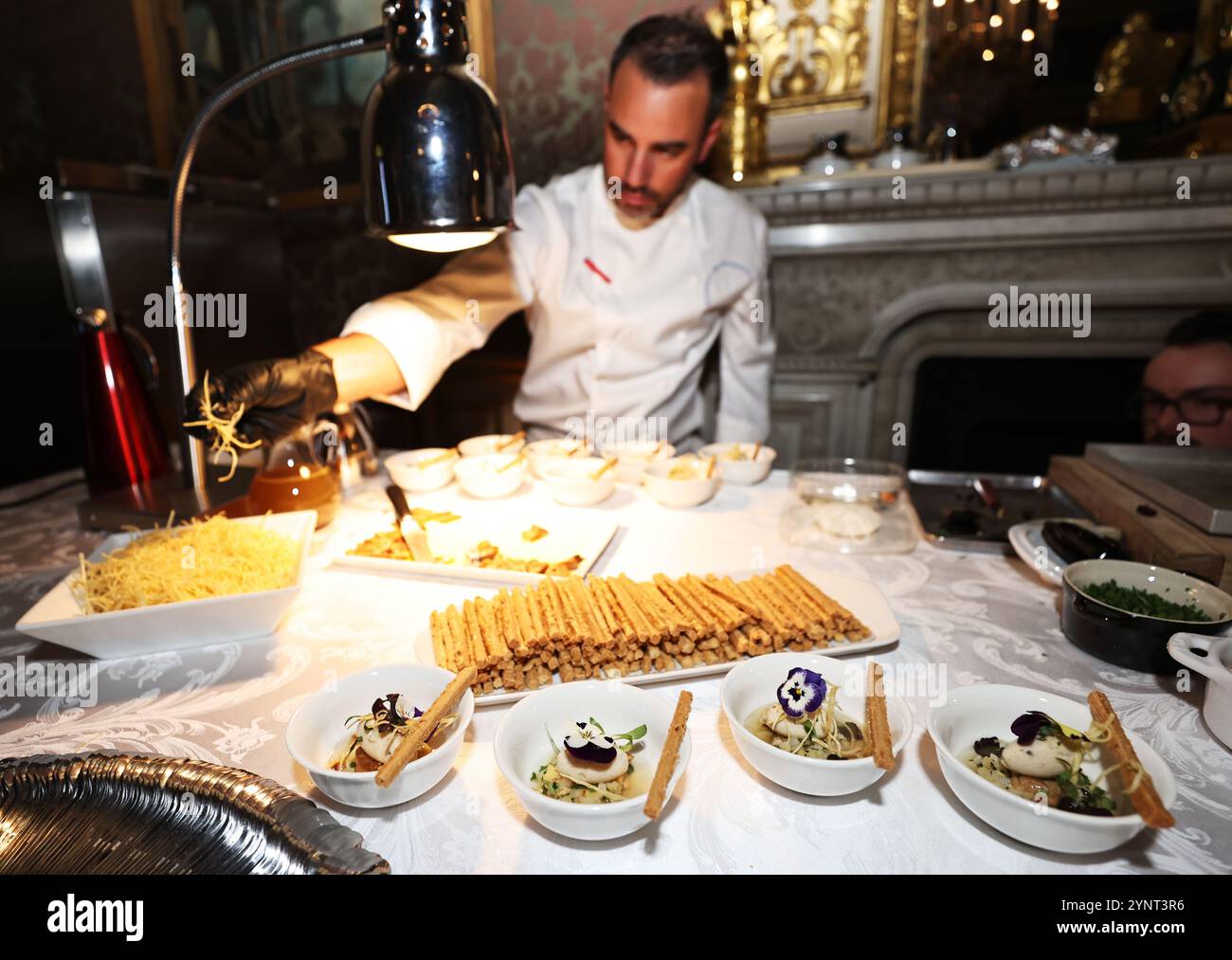 Beijing, France. 25th Nov, 2024. A French chef prepares gourmet food at ...