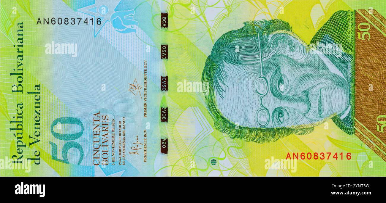 Venezuelan 50 bolivar banknote shows depiction of Simon Bolivar ...