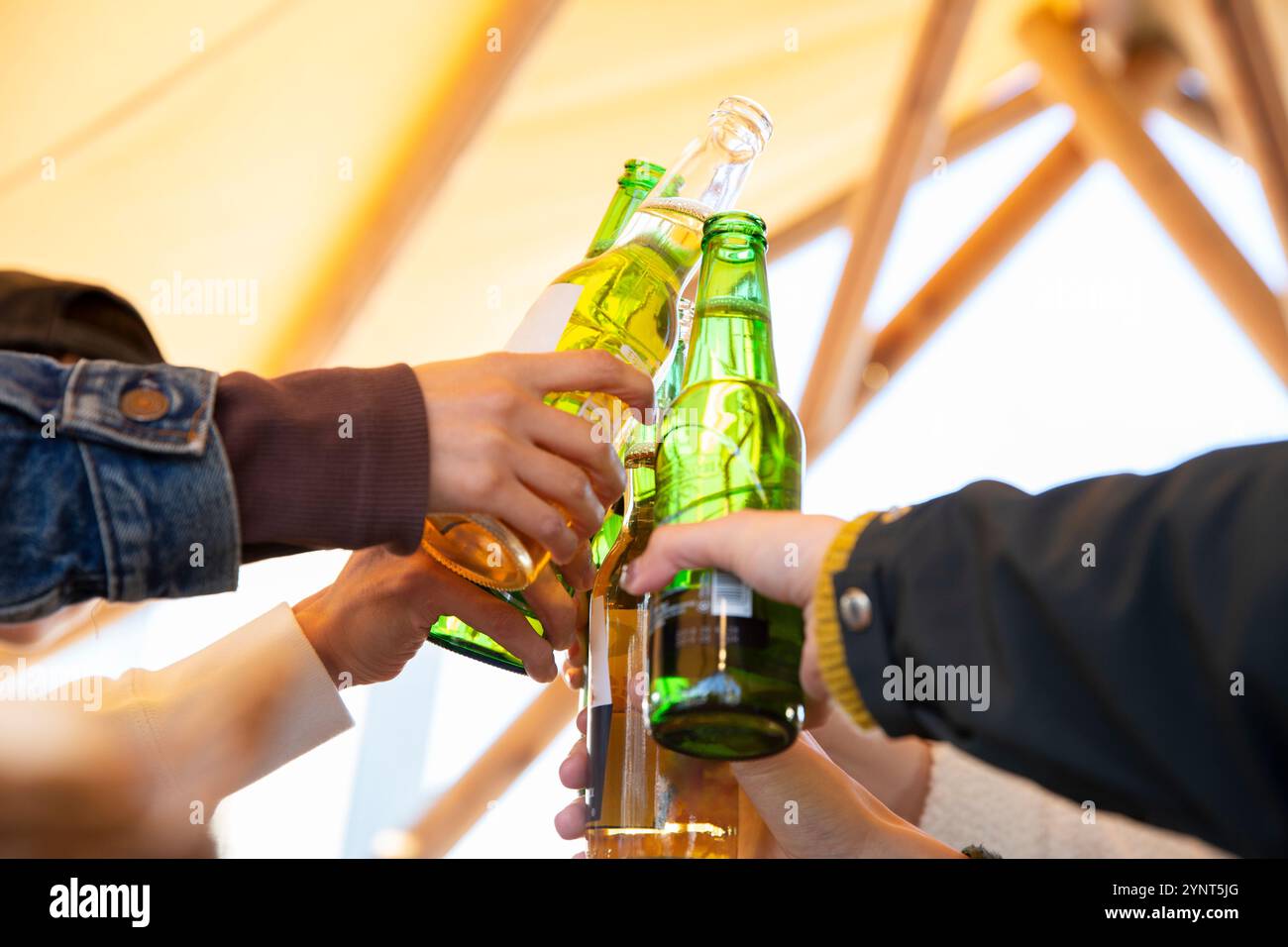 Man and woman making a toast with bottled beer in hand Stock Photo - Alamy