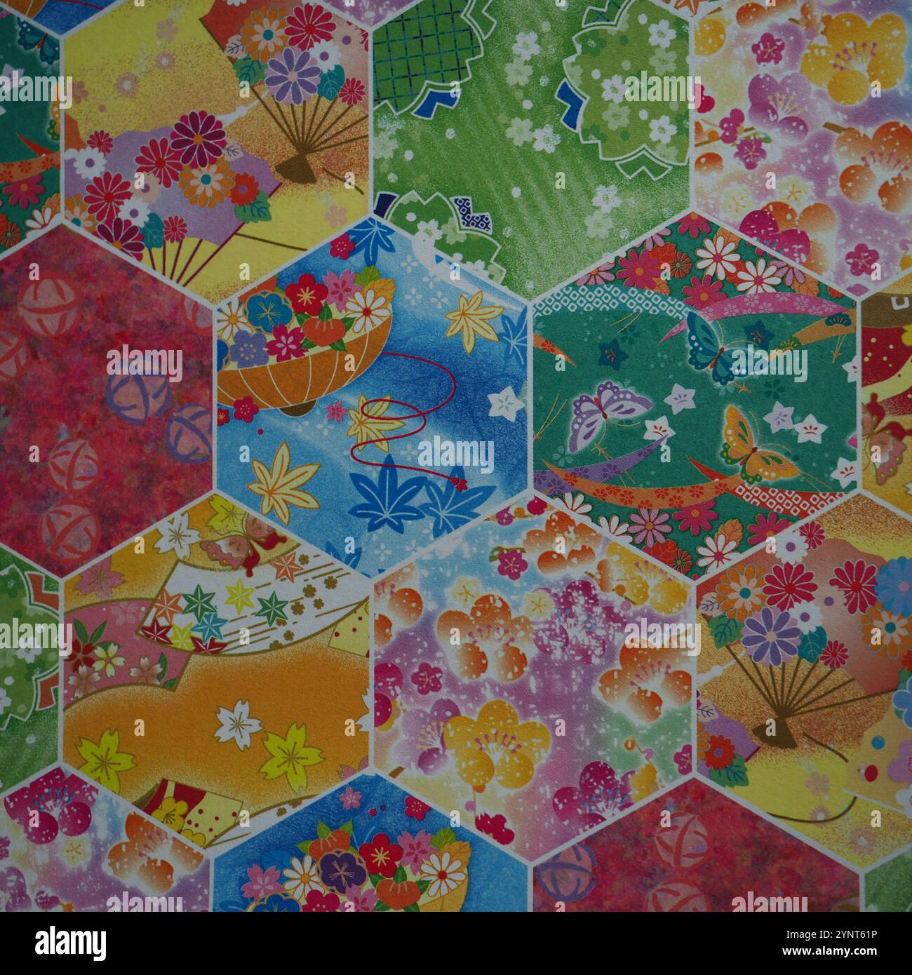 Traditional Japanese patterns on colorful background (floral geometric ...