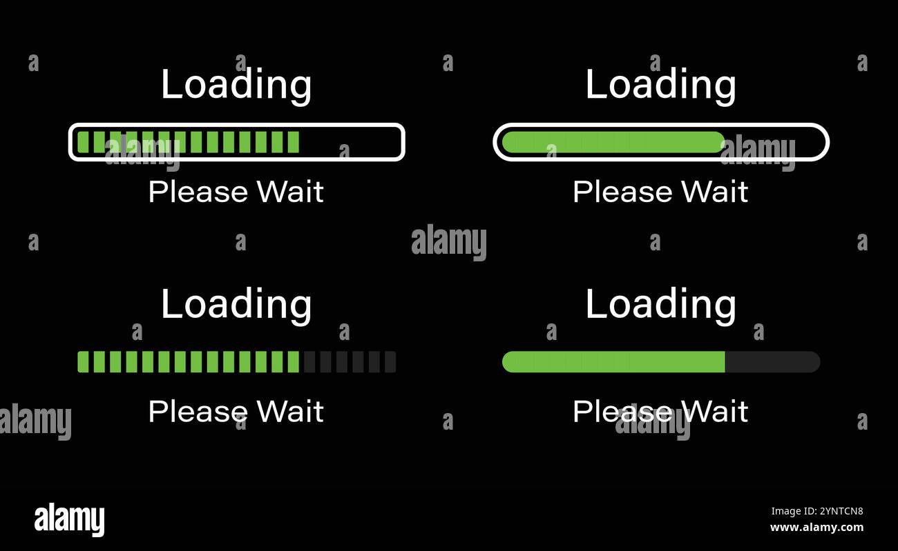 Loading please wait symbol infographics set in green color. Set of 70 percent loading ...