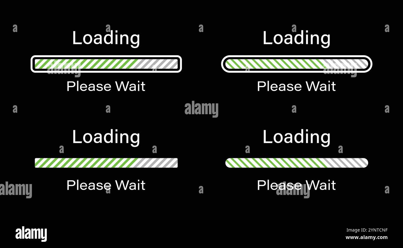 Tilted lines loading please wait symbol set in green color. Set of slant lines loading ...