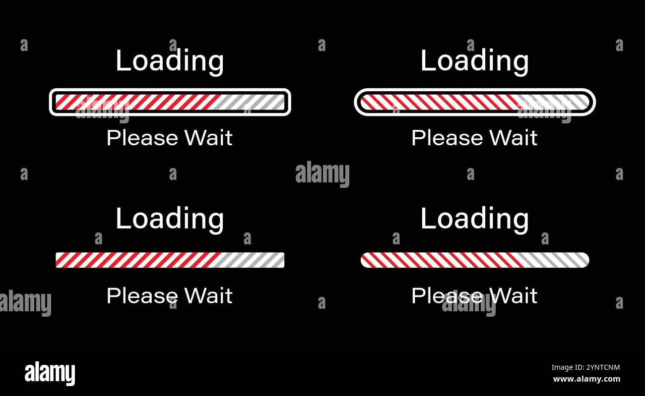 Tilted lines loading please wait symbol set in red color. Set of slant lines loading ...