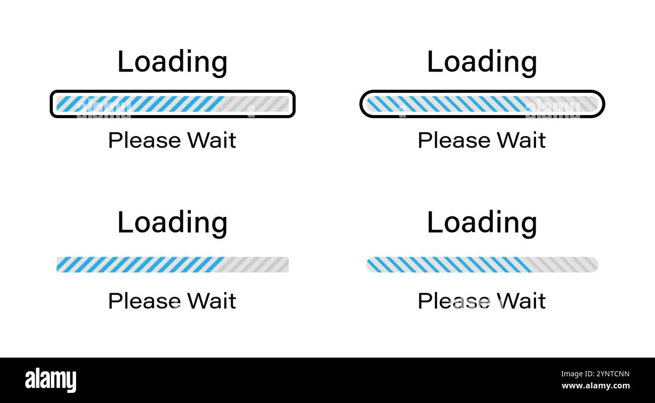 Tilted lines loading please wait symbol set in blue color. Set of slant lines loading ...