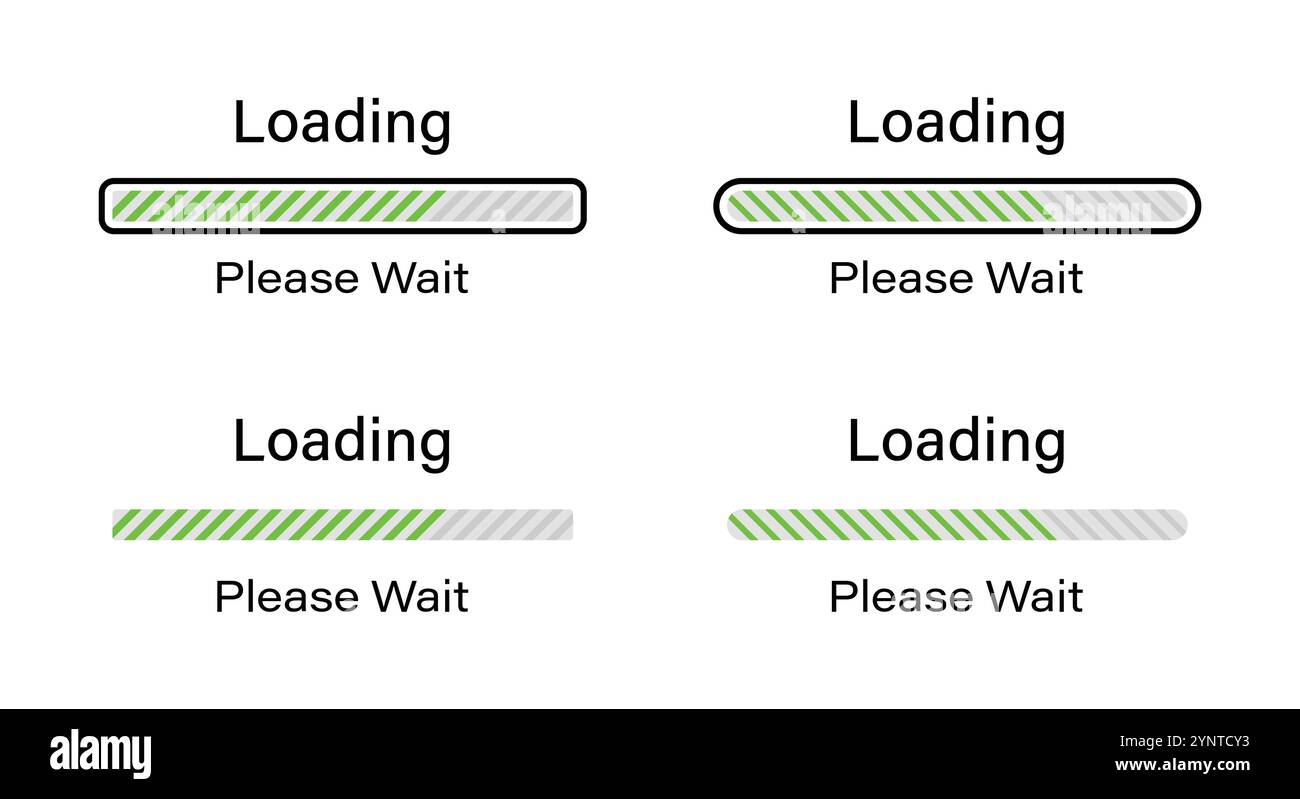 Tilted lines loading please wait symbol set in green color. Set of slant lines loading ...