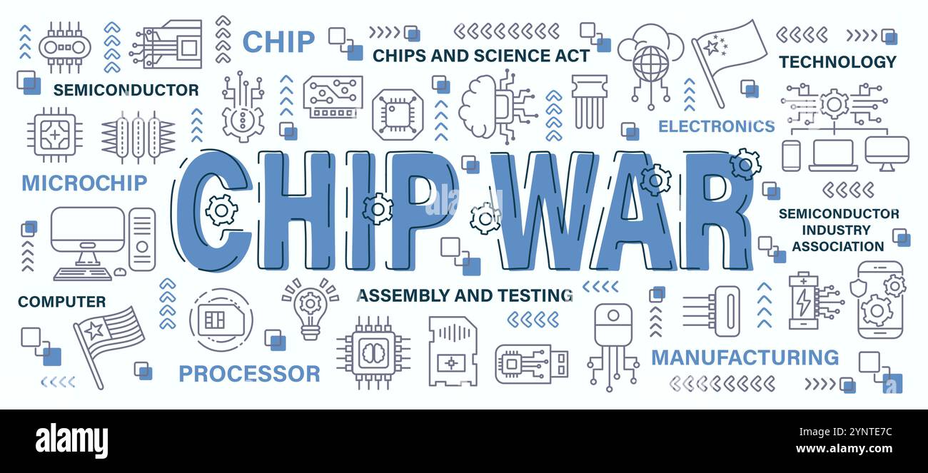 Chip war . Semiconductor concept . Word with line icon art banner style ...