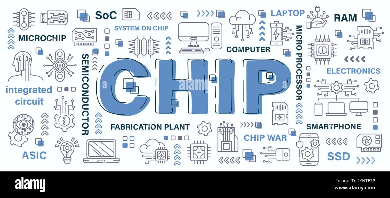 Chip . Semiconductor concept . Word with line icon art banner style ...