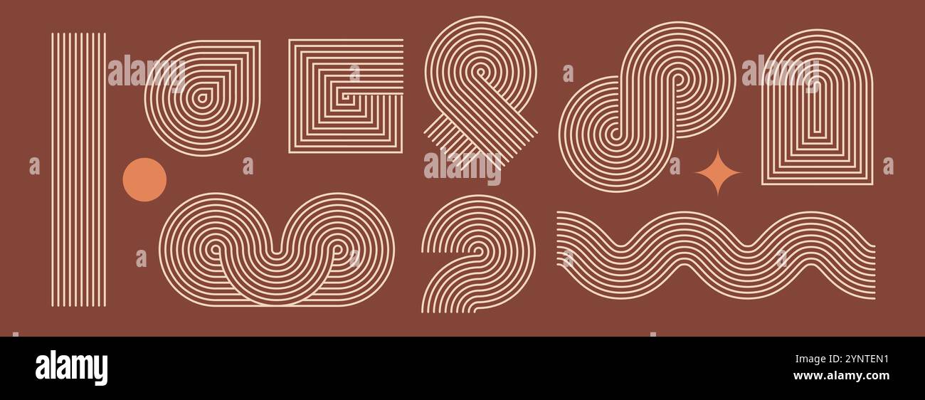 Boho line element set. Brown wave and arch form design. Middle century ...