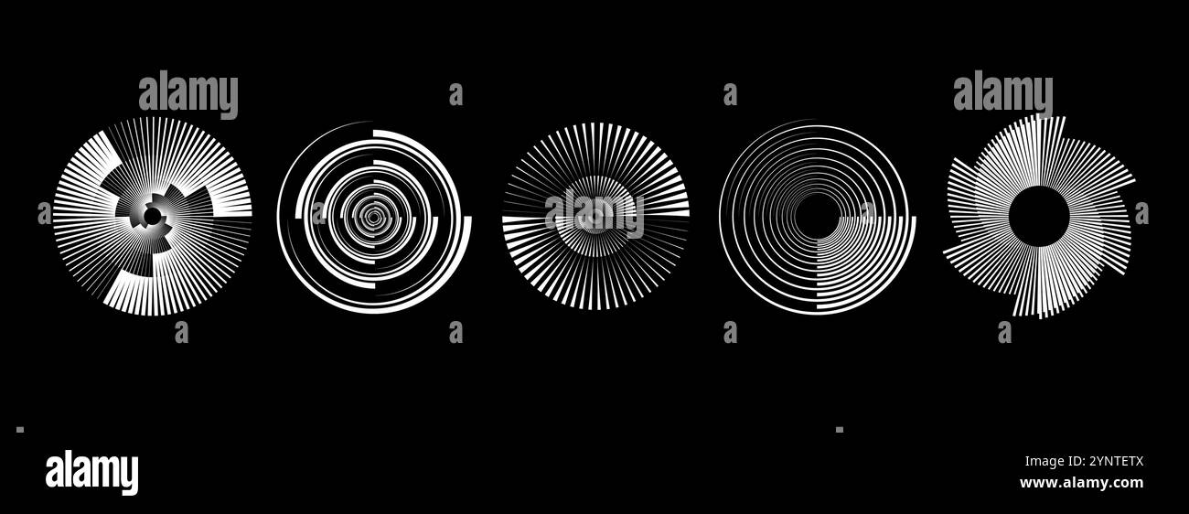 Radial abstract spiral pattern set. Circular rotating sound wave ...